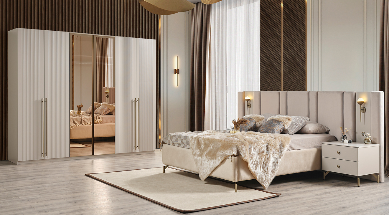 Eva Yatak Odası Takımı: Aytaşı Renk ve Gold Detayları | Mobilyamevime ...